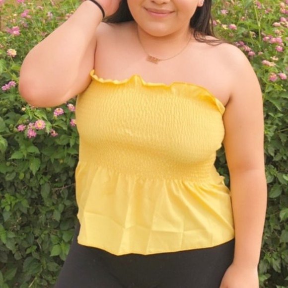 Tops | New Frilly Ruffled Shirred Yellow Tube Top Sleeveless Top S ...